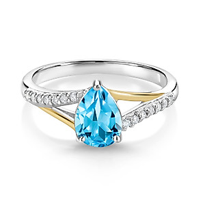 Gem Stone King 925 Silver and 10K Yellow Gold 8X6MM Pear Shape Gemstone Birthstone and White Lab Grown Diamond Engagement Ring For Women | Available In Size 5, 6, 7, 8, 9