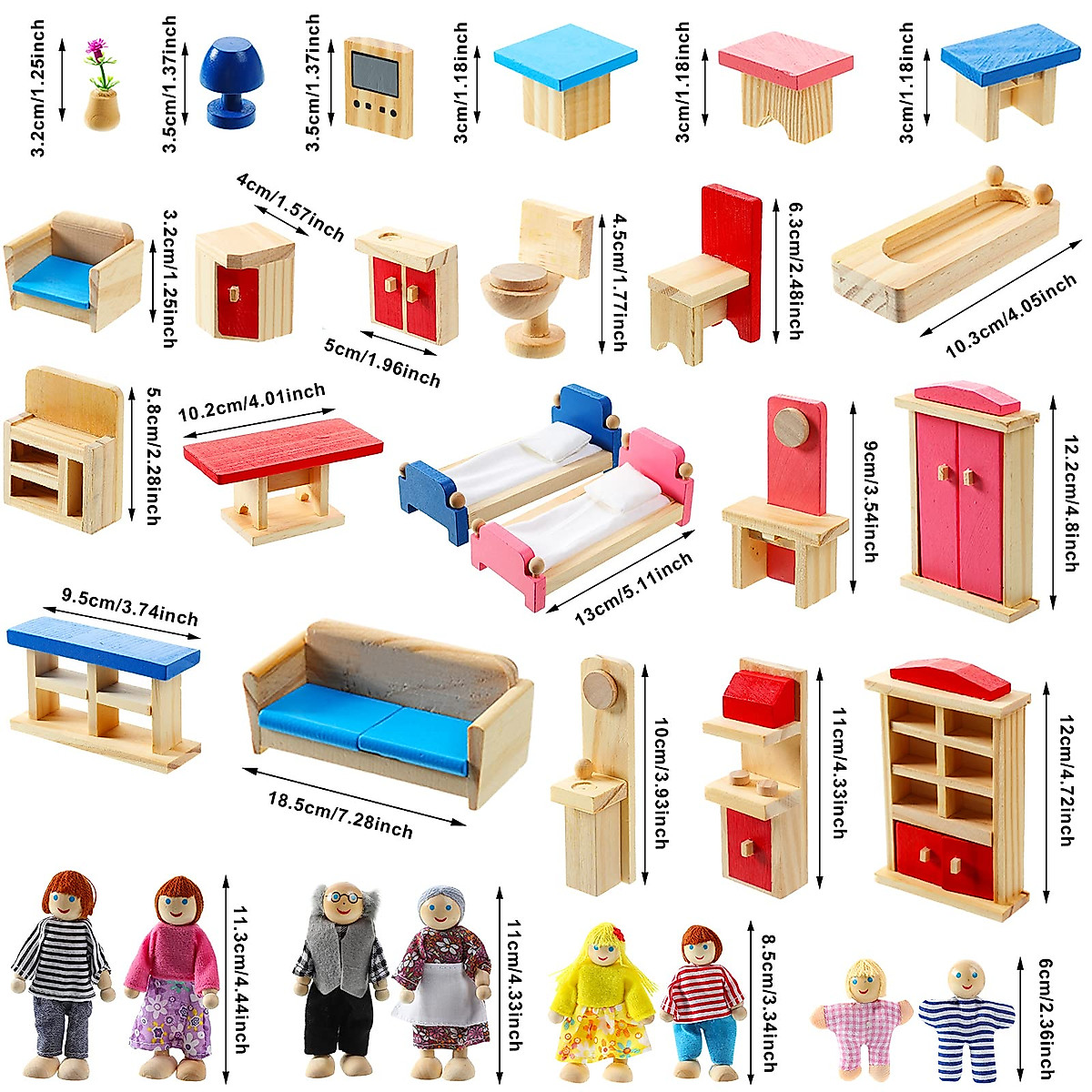 Sumind 35 Pcs Wooden Doll House Furniture and Accessories Set with 27 Pcs Dollhouse Furniture 8 Pcs Doll House Dolls Family Doll Furniture Small Dolls for Dollhouse Family Set Dollhouse Accessories