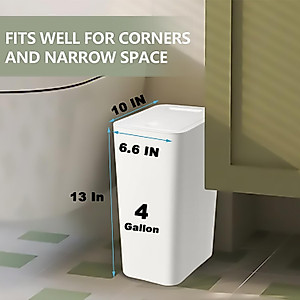 mzxoo 2 Pack Slim Space-Saving Trash Can with Press Top Lid, 15L 4 Gallon Durable Plastic Garbage Bin for Kitchen, Bathroom, RV, Office, Small Container Wastebasket for Narrow Spaces (2 Pcs White)