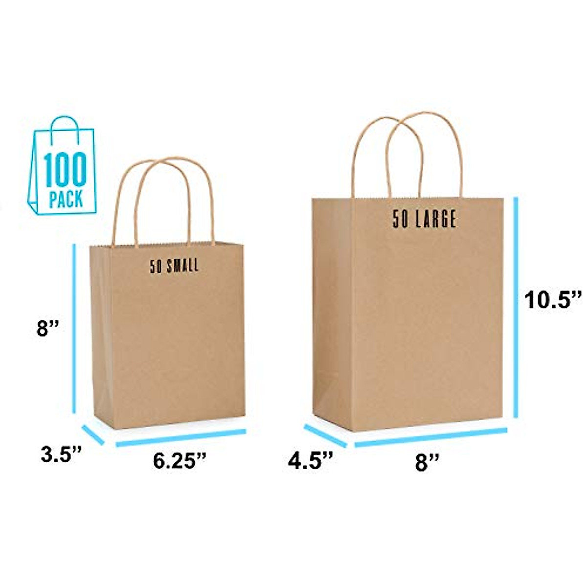 Brown paper bags with handles 100 pack 50pcs of 6.25"x3.5"x8" & 50pcs of 8"x4.5"x10.5" - paper bag, well made quality bags, brown bags with handles bulk, kraft paper bags bulk, small paper bags