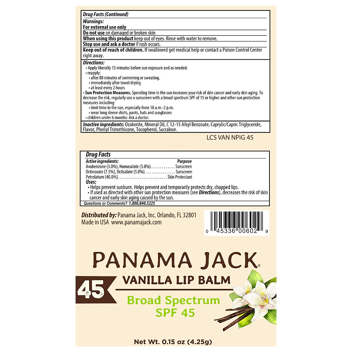 Panama Jack Sunscreen Lip Balm - SPF 45, Broad Spectrum UVA-UVB Sunscreen Protection, Prevents & Soothes Dry, Chapped Lips, Vanilla, 3-pack