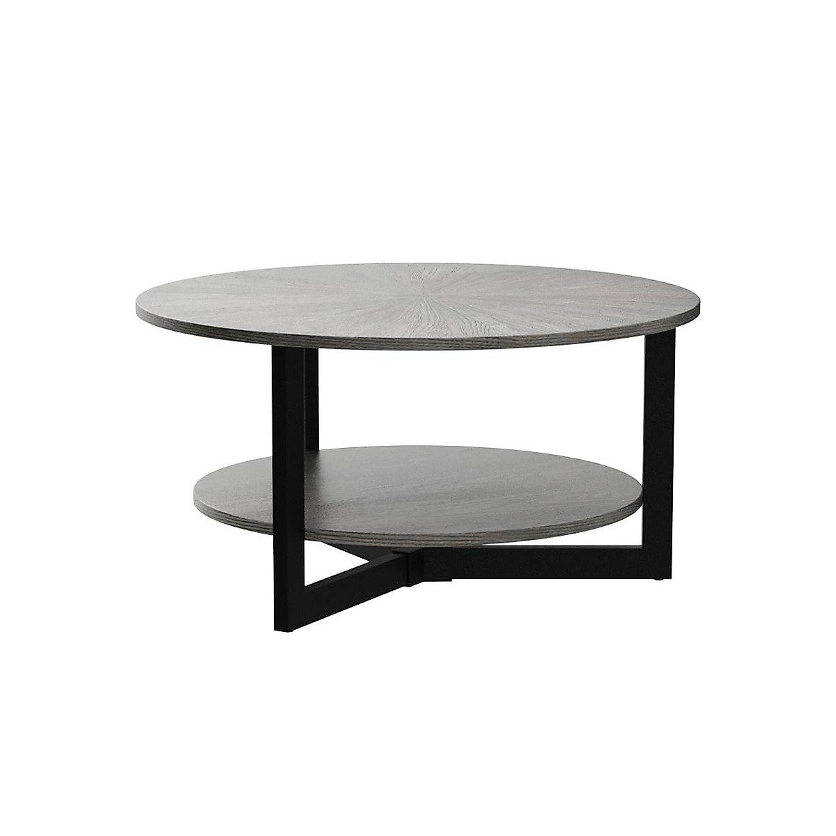MODERION Round Coffee Table with Storage Shelf, Farmhouse Living Room Cocktail Table with Black Metal Legs, Circular Solid Wood Center Tea/ Sofa Table, 35.3''Dx17.8''H, Brushed Black KFZ1338BK