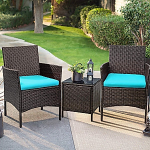 Devoko Patio Porch Furniture Sets 3 Pieces PE Rattan Wicker Chairs with Table Outdoor Garden Furniture Sets (Brown/Blue)