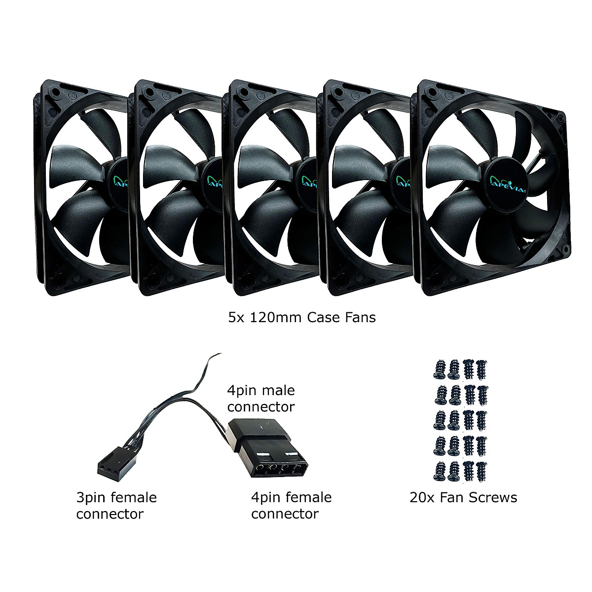 APEVIA CF512S-BK 120mm 4pin & 3pin Black Silent Case Fan (5-pk)