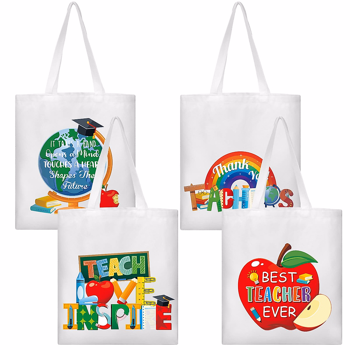 4 Pack Teacher Appreciation Tote Bag Thank You Teacher Gifts Canvas Bag Teach Appreciation Gift for Teacher Day Retirement (White)