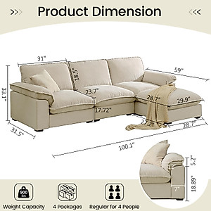 HALLYBEE Modular Sectional Sofa Deep Seat Cloud Couch with Reversible Chaise L Shaped Couch with Padded Armrests Chenille Sectional Couches for Living Room Apartment Office Beige