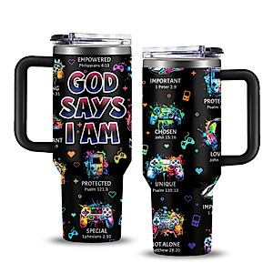 Christian Gamer Gifts, 40 Oz God Says I Am Gamer Tumbler With Handle, Christian Gifts for Men/Boys, Inspirational Religious Birthday Gifts for Game Lover Bible Verse Cup, Gaming Gifts For Gamer