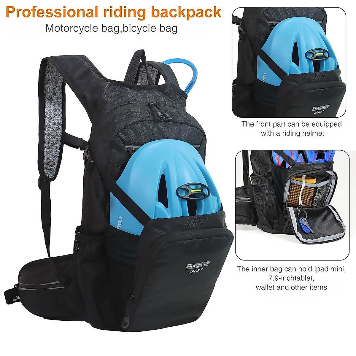 Lemuvlt Hiking Daypack Waterproof Biking Backpack 15L Capacity, Many Compartments Lightweight & Durable- Everyday Backpack for Skiing Skating Snowboarding Hiking Running MTB Cycling(Black)