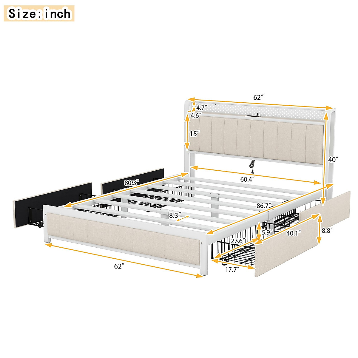 Queen Size Bed Frame with LED Headboard, Metal and Upholstered Platform Bed with Charging Station and 4 Drawers Storage, No Box Spring Needed, Beige