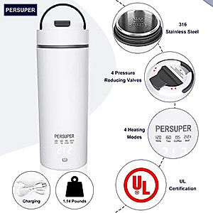 PERSUPER Portable Kettle Electric Travel Kettle 400ML Fast Boil Auto Shut-off Coffee Tea Kettle Keep Warm Function Dry Protection 316 Stainless Steel 450ML(max)