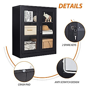 Anxxsu Metal Storage Cabinet with Glass Door, Locking Display Storage Cabinet with 2 Glass Doors and 2 Adjustable Shelves for Home, Office, Bedroom Storage (Black)