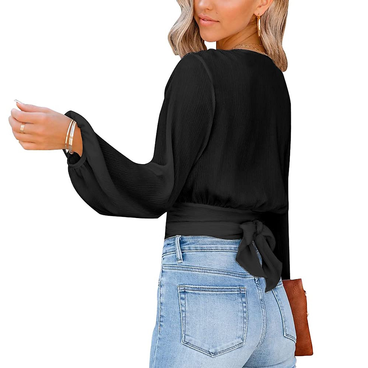 LYANER Women's Deep V Neck Tie Front Knot Long Sleeve Sexy Wrap Crop Top Blouse Solid Black Medium