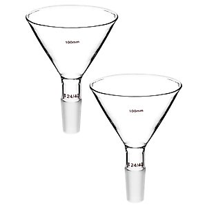 QWORK Glass Jointed Short Stem Powder Funnel Filter Funnel with 100mm Top O.D and 24/40 Inner Joint for lab, 2 Pack