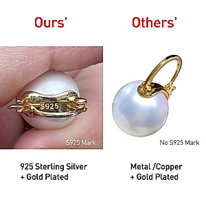 OwMell Elegant 925 Sterling Silver Pearl Drop Earrings Dangle Stud Gold Plated Earrings for Women Large Size 12mm - Gold