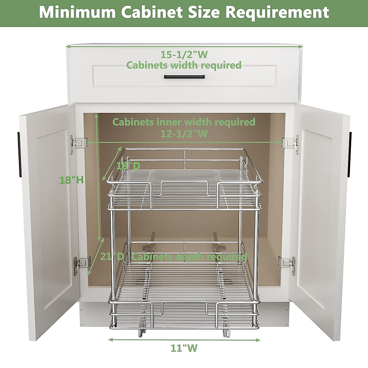 ROOMTEC Pull Out Cabinet Organizer 11" W x 18" D, Kitchen Cabinet Organizer and Storage 2-Tier Cabinet Pull Out Shelves Under Cabinet Storage for Kitchen Black