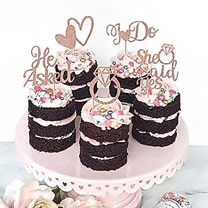 30 Pack He Asked She Said Yes Cupcake Toppers Glitter Heart Ring I do Cupcake Picks Bridal Shower Cake Decorations for Wedding Engagement Theme Party Supplies Rose Gold