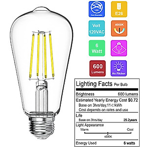 VOOSEI Daylight Bulbs 4000K LED E26 60W, 6W Equivalent to 60W Edison High Brightness ST58 Antique Non-Dimmable Filament Bulbs Clear Glass Pack of 6