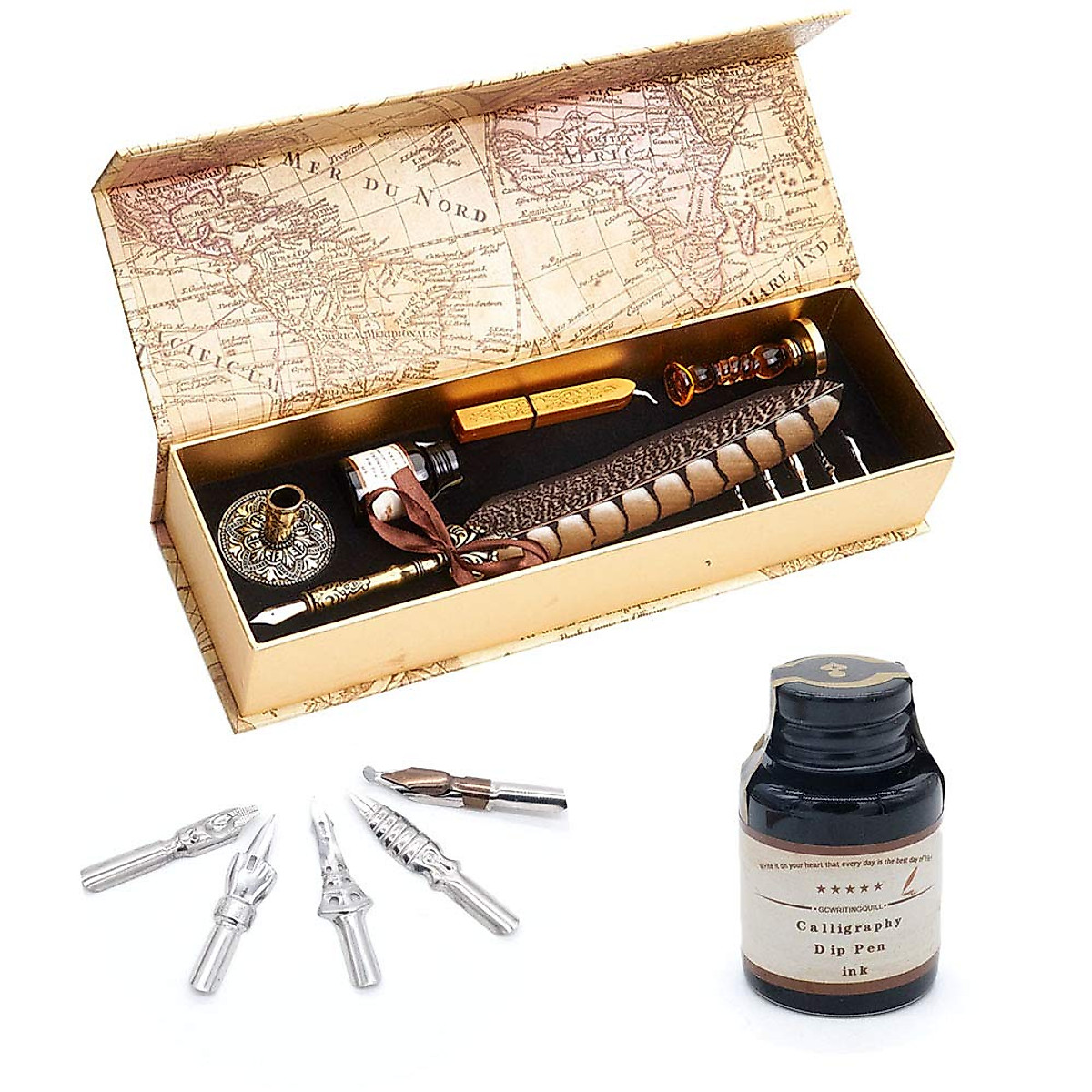 GC QUILL Antique Quill Pen Unique Half-Patterned Feather Pen Set with 6 Nibs 1 Bottle of Ink 1 Seal Stamp 1 Pen Holder 1 Sealing Wax LL-149