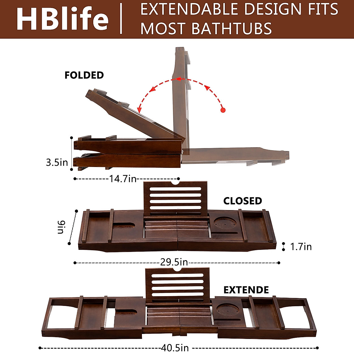 HBlife Teak Bathtub Caddy Tray Foldable Bath Table Tray with Book and Wine Glass Holder, Wooden Expandable Bathroom Accessories