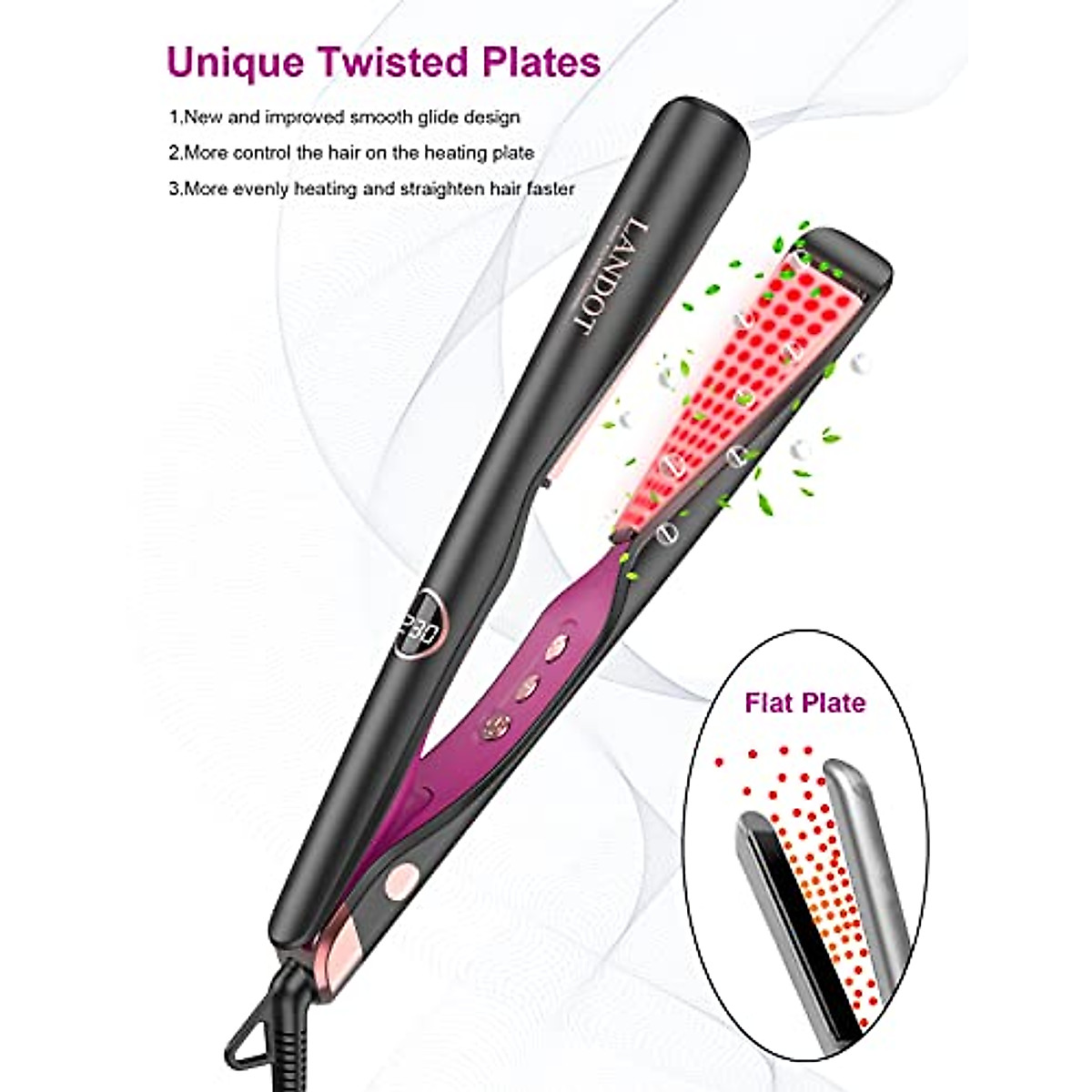 LANDOT Hair Straightener and Curler 2 in 1, Twist Flat Iron Curling Iron for Curl/Wave or Straighten