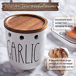 DAYYET Garlic Keeper for Counter, Ceramic Garlic Keeper with Acacia Wood Lid, Garlic Holder Storage Container to Keep Your Garlic Cloves Fresh Longer, Garlic Saver for Kitchen, White