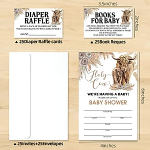 Moonle Baby Shower Invitations with Envelopes, Diaper Raffle Tickets and Baby Shower Book Request Cards, Boho Highland Cow theme babyshower party supplies, Set of 25, Brown