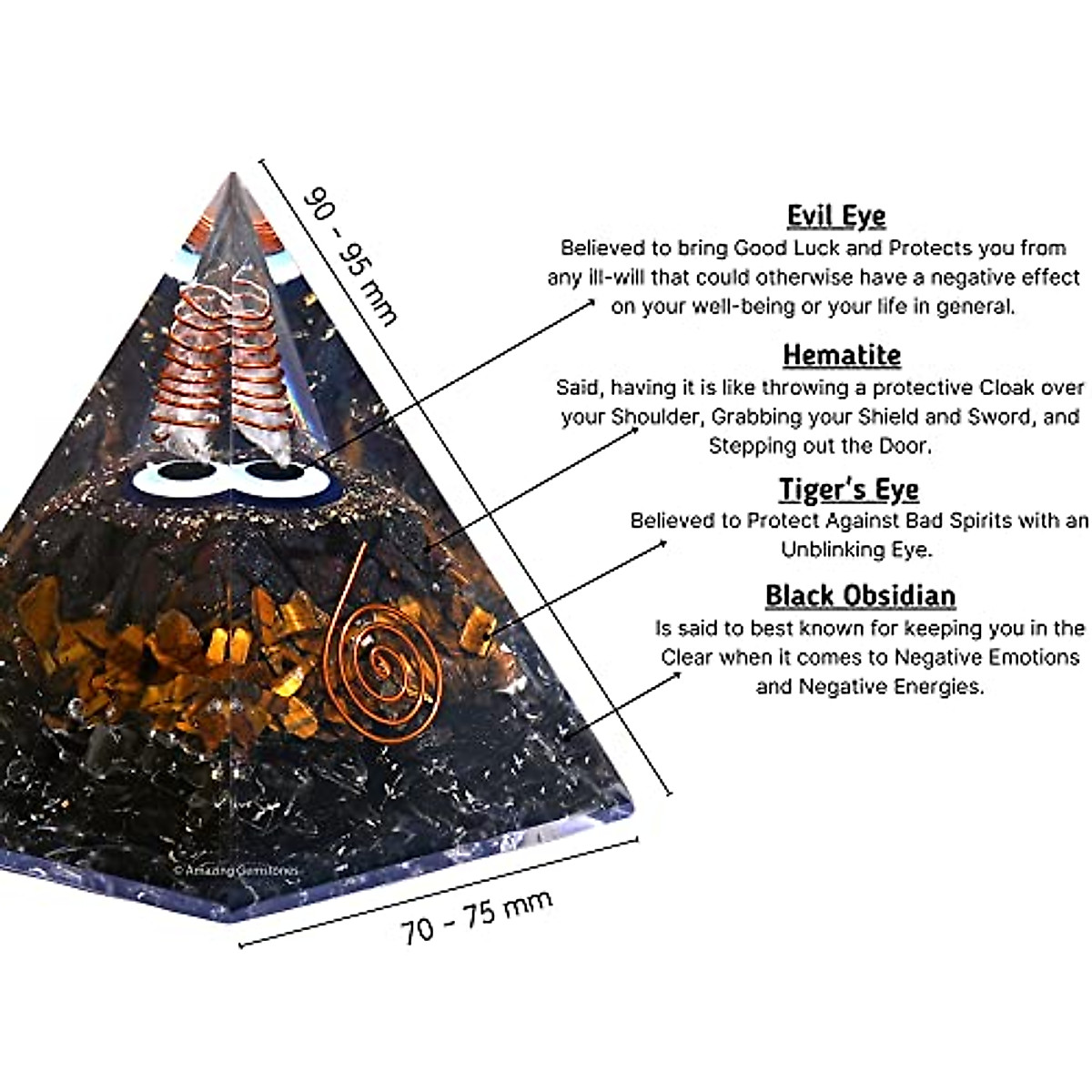 Organite Orgone Pyramid Extra Large 95 MM - Orgone Energy Pyramid with Evil Eye, Hematite, Tiger Eye, Black Obsidian Crystals and Healing Stone - Orgonite Pyramids Crystals and Positive Energy