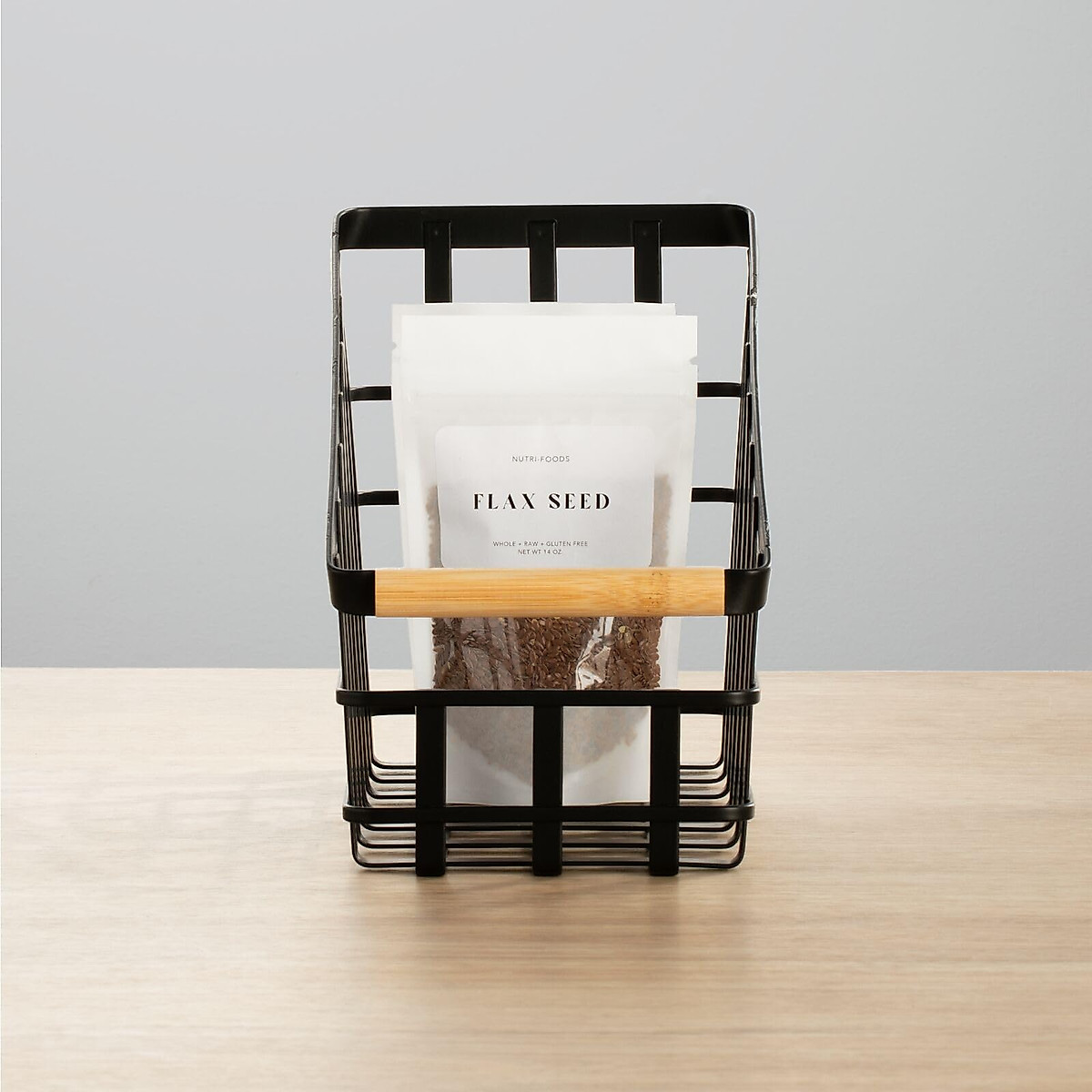 mDesign Slim Slanted Metal Wire Kitchen Storage Basket Bin Organizer with Wood Handle for Pantry, Cabinet, Cupboard, or Countertop Organization - Yami Collection - Matte Black/Natural