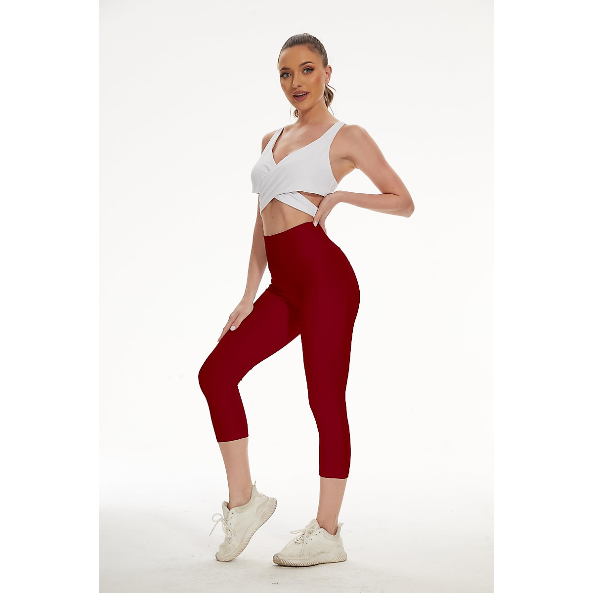 RAYPOSE Womens Workout Capri Leggings for Women with Pockets Plus Size Basic Pants Yoga Gym Casual Summer Fiery Red-M