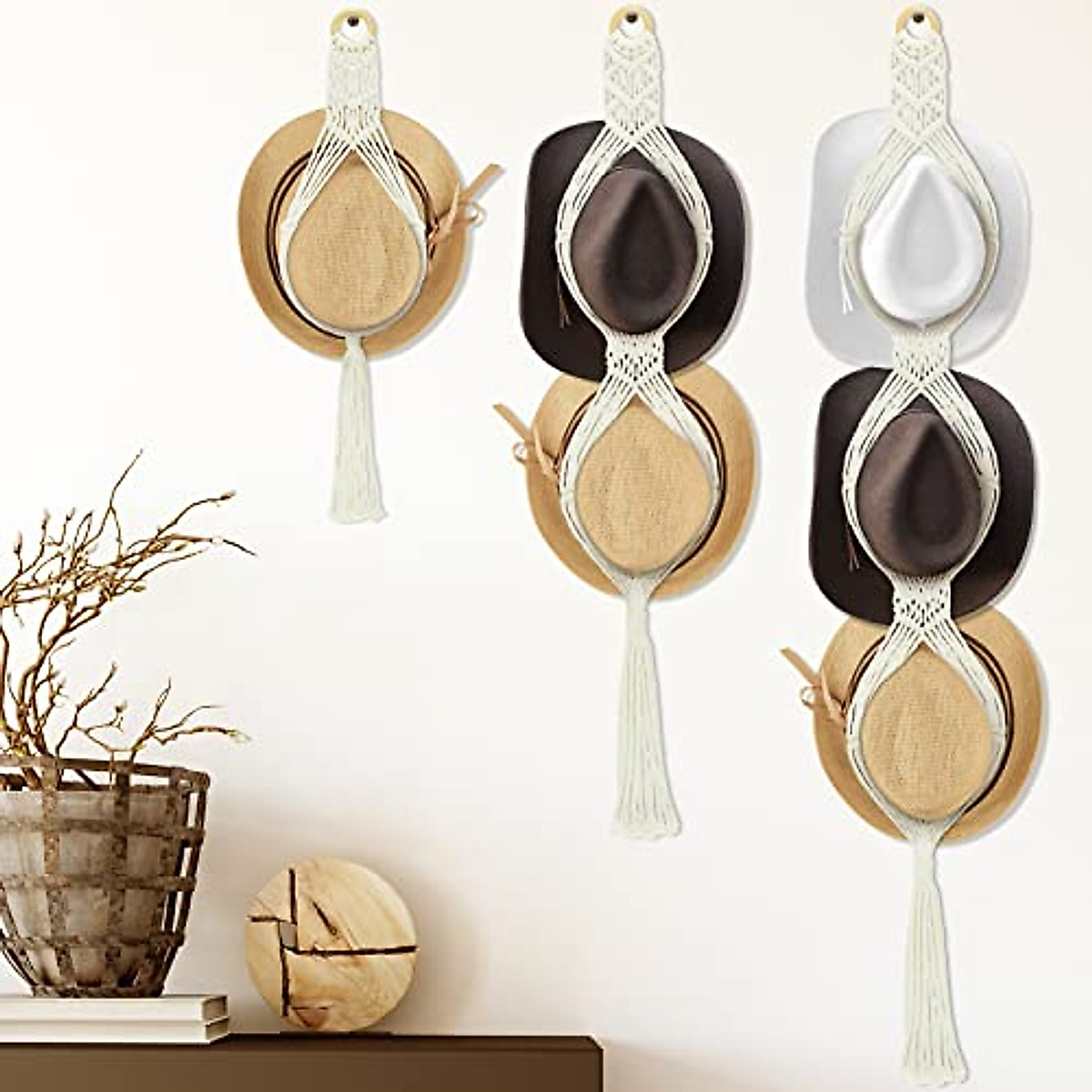Tondiamo 3 Pieces Boho Hat Hangers Macrame Hat Organizer Wall Hanging Cowboy Hat Rack Decorative Hand Weaving Hat Holder Organizer for Wide Brim and Fedoras Sun Hat Baseball Caps Display, 3 Styles