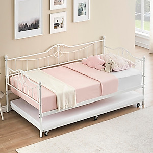 GAOMON Twin Day Bed with Trundle Bed Twin, Metal Daybed with Trundle, Daybed with Trundle Bed Frame, Steel Slat Support Sofa Bed for Kids Teens Adults, No Box Spring Needed, White