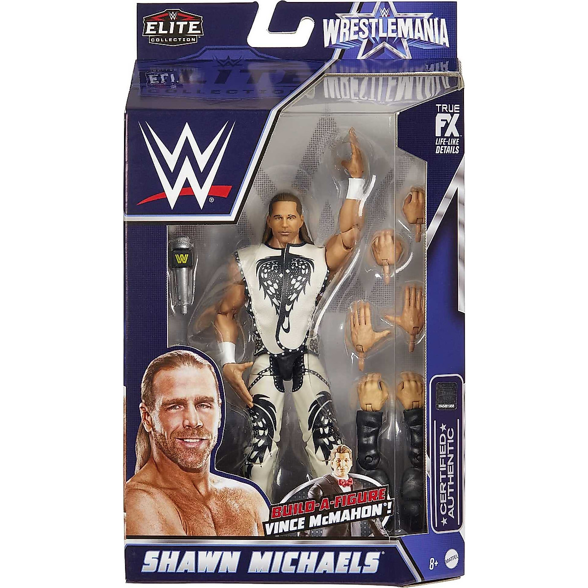 WWE Shawn Michaels Wrestlemania Elite Collection Action Figure with Entrance Attire & Vince McMahon Build-A-Figure Pieces, 6-in Posable Collectible Gift for WWE Fans Ages 8 Years Old & Up