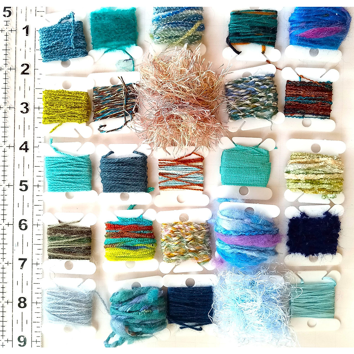 Cape Ann Blue Green Tones 25 Assorted Remnant Scrap Multifiber Multi Texture Yarn Samples