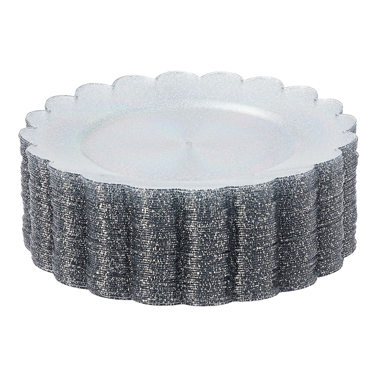 BLUE PANDA 50 Pack Silver Plastic Plates for Party Supplies, 9 Inch Disposable Silver Glitter Plastic Plates with Scalloped Edges