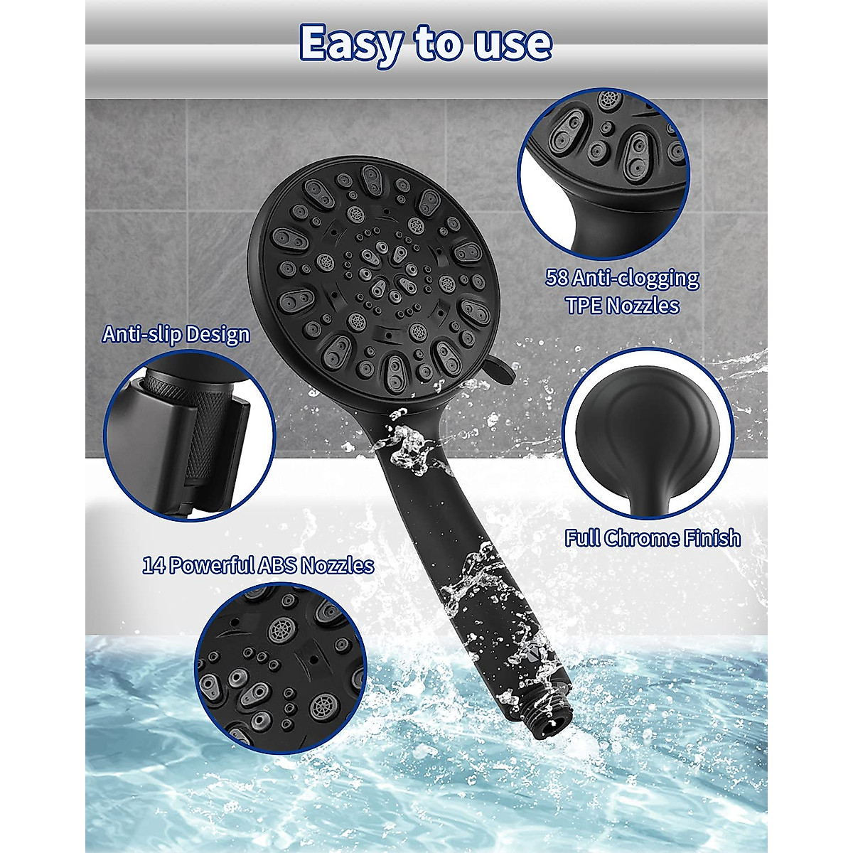 High Pressure Handheld Shower Head VMASSTONE 7-Spray Setting Showerhead Kit with 59" Stainless Steel Hose and Adjustable Mount for Showering Enjoyment Even at Low Water Flow (HM-002 Matte Black)