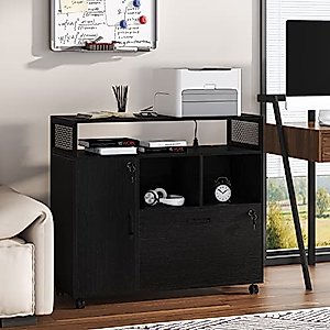 Osfvolr File Cabinet with Charging Station, Rolling Filing Cabinet with Locking Drawer for A4/Letter Size, Printer Stand with Open Storage Shelves with Wheels, File Cabinets for Home Office, Black