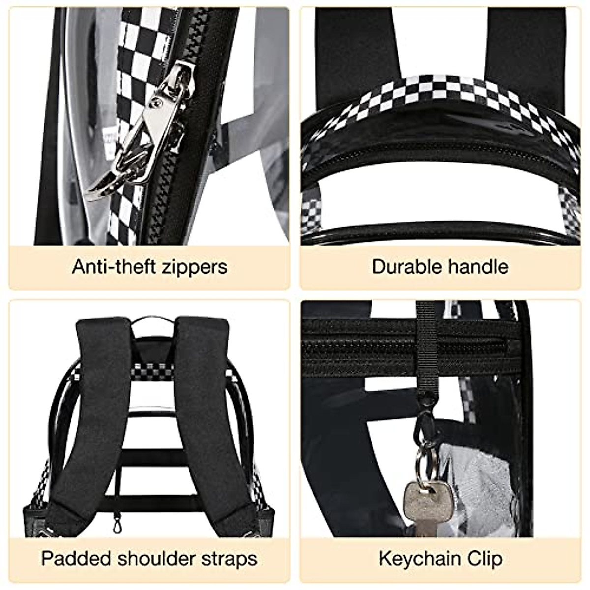 LIGHT FLIGHT Large Clear Backpack with Reinforced Padded Straps Heavy Duty PVC Transparent Backpack See Through Bookbags for Work,Travel, Black