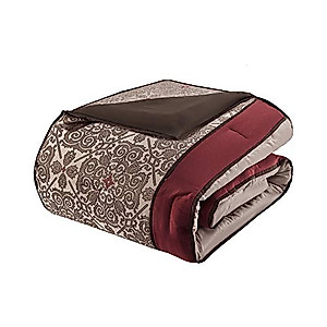 Madison Park Essentials Delaney 24-Piece Room In A Bag Comforter Set-Satin Jacquard, All Season Luxury Bedding, Sheets, decorative pillows and Curtains, Valance, Cal King(104"x92"), Medallion Red