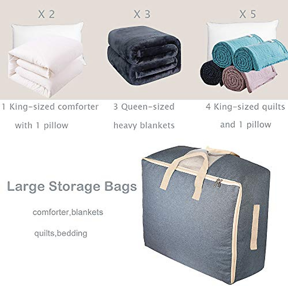 Qozary Large Storage Bags for Comforters, Blankets, Clothes, Quilts and Towels, Better and Sturdy Organizer Bag, Under Bed Storage, Great for Closets, Bedrooms (Gray)