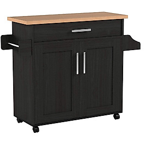 Hodedah Kitchen Island with Spice Rack, Towel Rack & Drawer, Black with Beech Top
