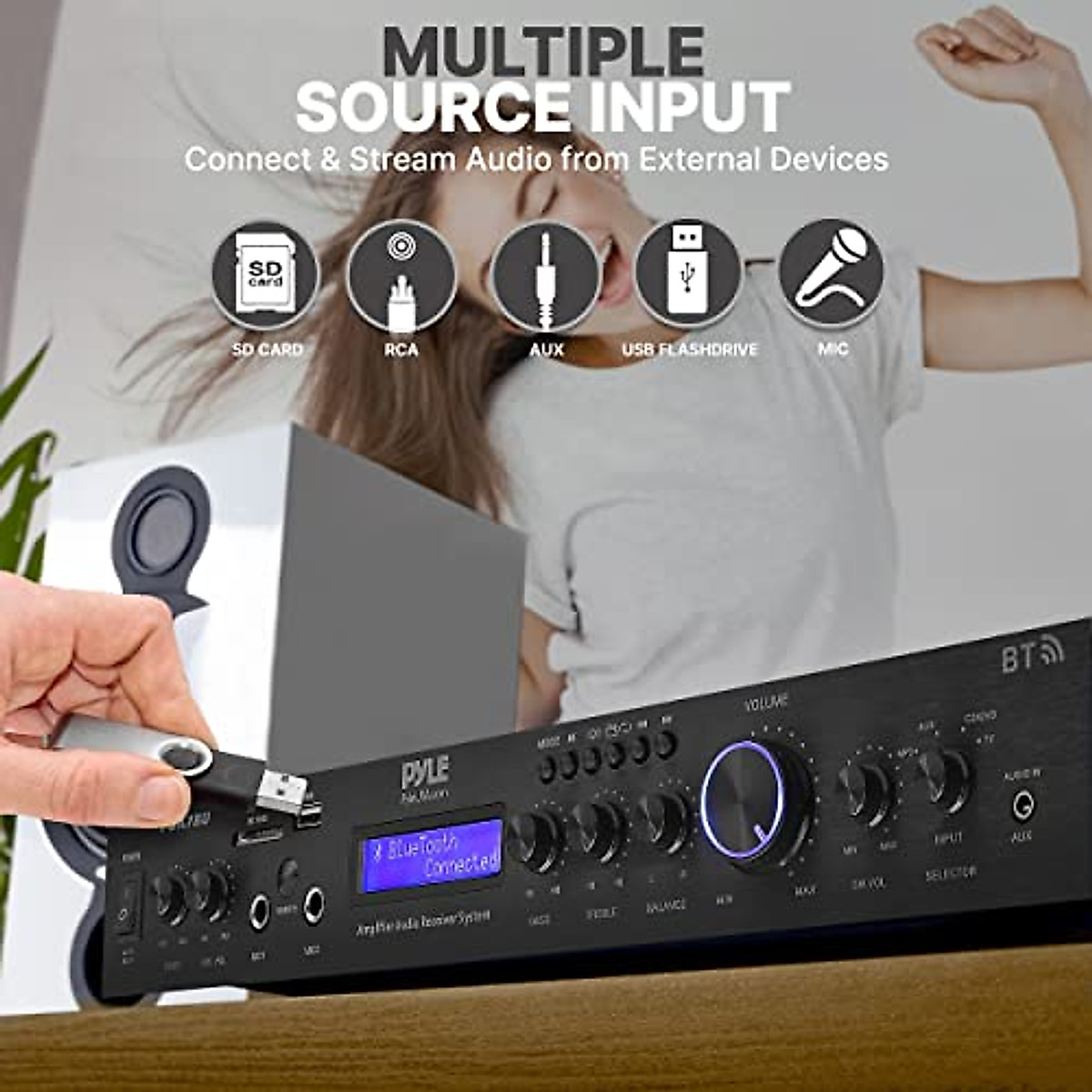 Pyle - PDA7BU (Black) - 5 Channel Rack Mount Bluetooth Receiver, Home Theater Amp, Speaker Amplifier, Bluetooth Wireless Streaming, MP3/USB/SD/AUX/FM Radio, 200 Watt, with Digital ID3 LCD Display