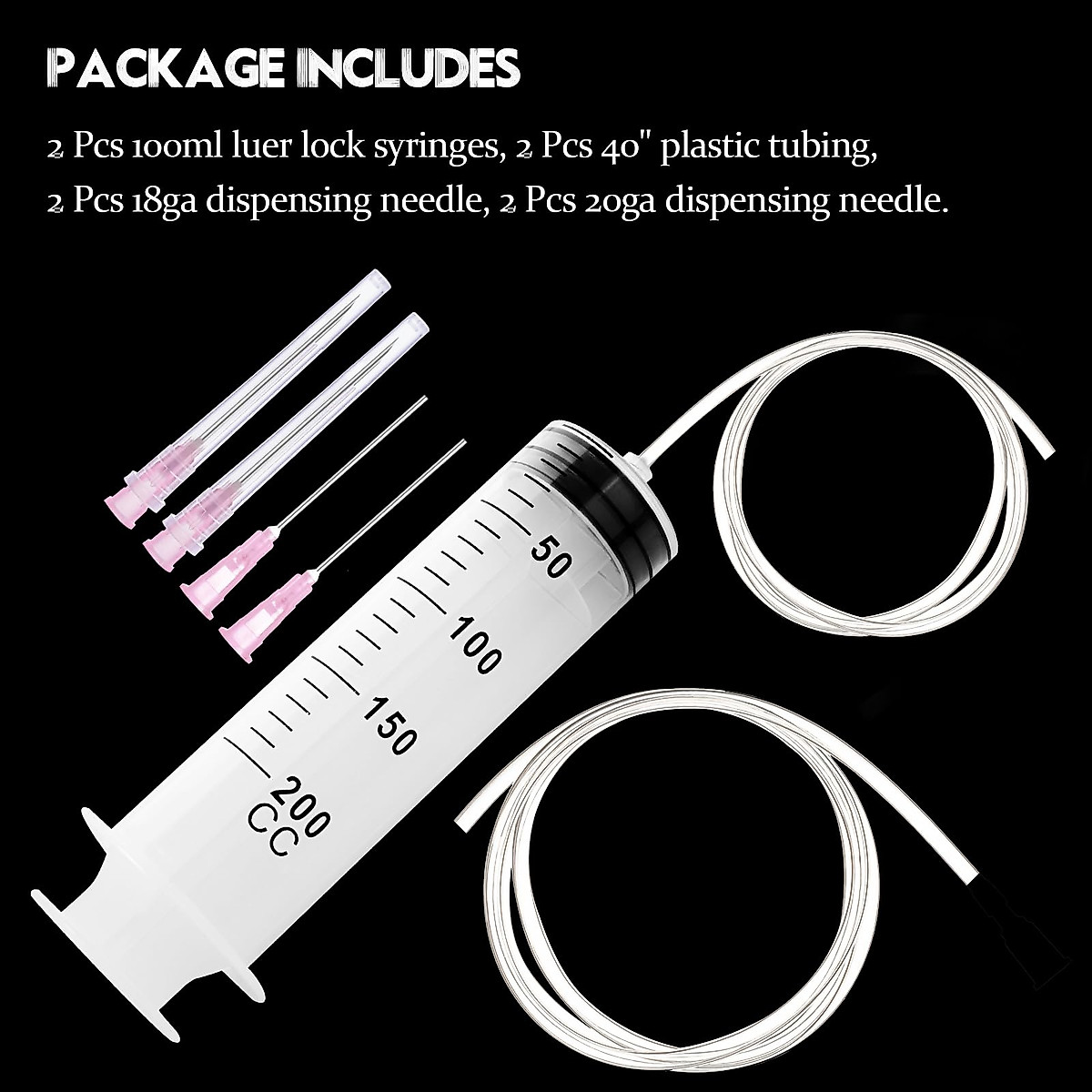 SHAOTONG 200ml Syringe with 2Pcs 40in Handy Plastic Tubing and 18Ga 20Ga Dispensing Needle, for Scientific Labs, Measuring, Watering, Refilling