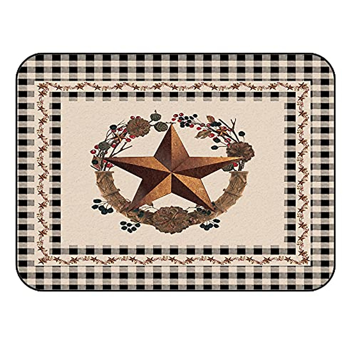 Non-Slip Area Rugs with Rubber Backing Throw Rugs Runner Farmhouse Country Star and Primitive Berries On Retro Black Plaid Non-slip Soft Cozy Carpets for Floor, Entryway, Nursery48x72 Inch