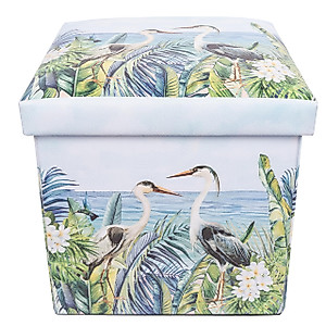 Corner Merchant Collapsible Ottoman Storage Box with Lid Decorative Coastal Decor (Blue Heron)