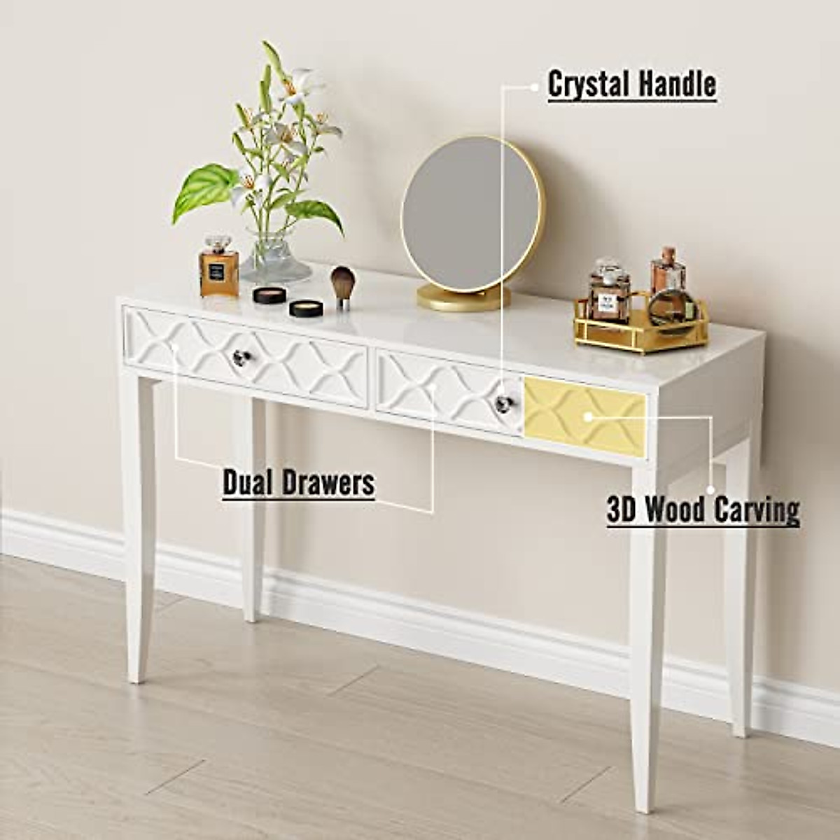 White Vanity Desk with Drawers, Wood Home Office Desk Modern Simple Makeup Vanity Table, 43 Inch Entryway Console Table