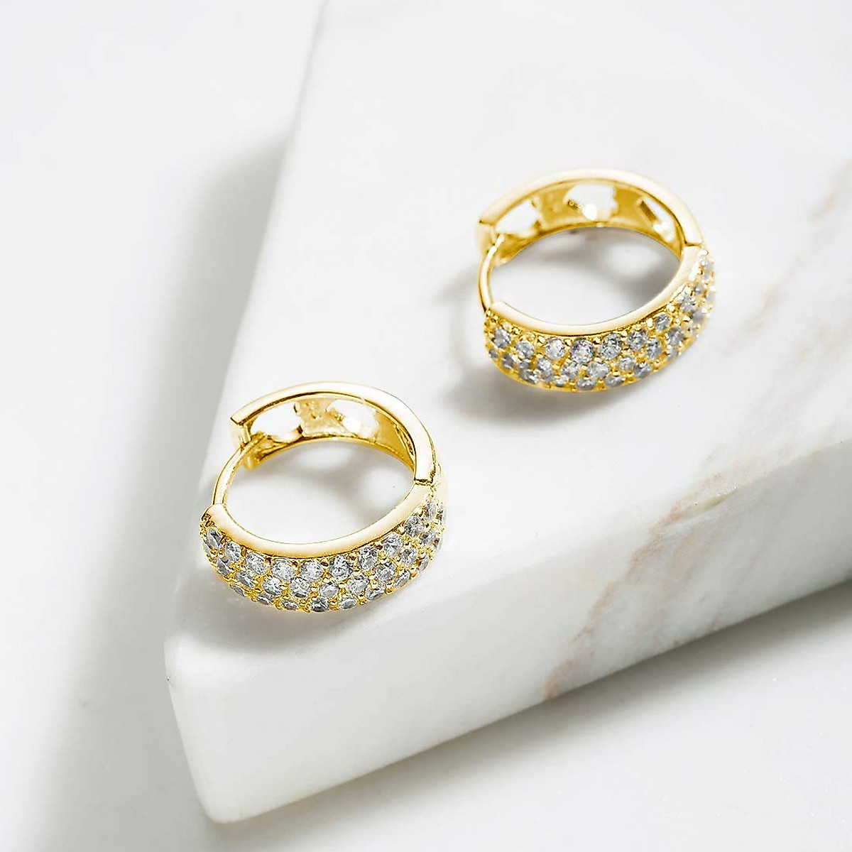 Carleen 925 Sterling Silver Hoop Earrings 14K Gold Plated Pave Set Cubic Zirconia CZ Simulated Diamond Small Thick Sparkle Fine Jewelry Birthday Gifts for Women, Diameter 15mm Width 5mm