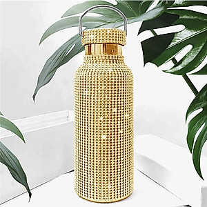 QIANSHENG Bling Diamond Water Bottle Sparkling Glitter Stainless Steel Thermos Bottle Vacuum Flask for Women Refillable Insulated Water Bottle with Chain & Gift Box (Gold,350ml)