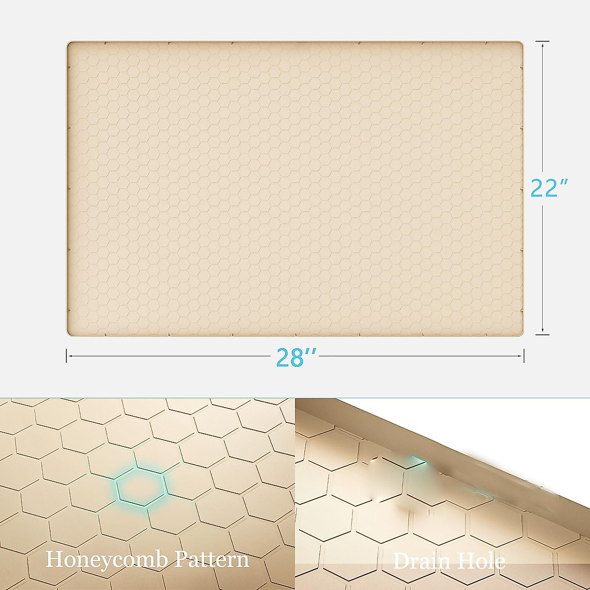 Under Sink Mat, 28'' x 22'' Silicone Under Sink Liner, Waterproof Shelf Liner with Drain Hole, Kitchen Bathroom Cabinet Mats (Beige)