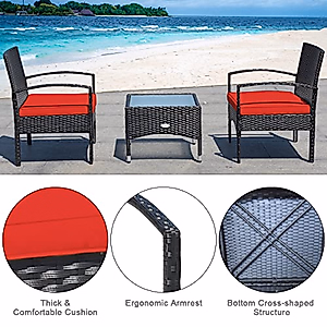 Tangkula 3 Pieces Patio Wicker Rattan Furniture Set, Rattan Chair with Coffee Table, High Load Bearing Chair Conversation Sets for Patio Garden Lawn Backyard Pool