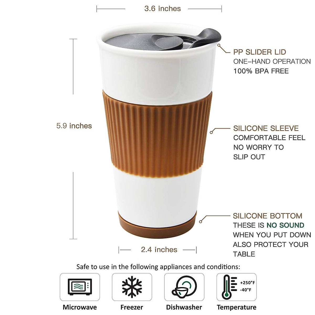 UDMG Ceramic Double Wall Insulated Travel Coffee Cup with Slider Lid, Silicone Sleeve & Built-in Coaster, 10 fl.oz (Coffee)